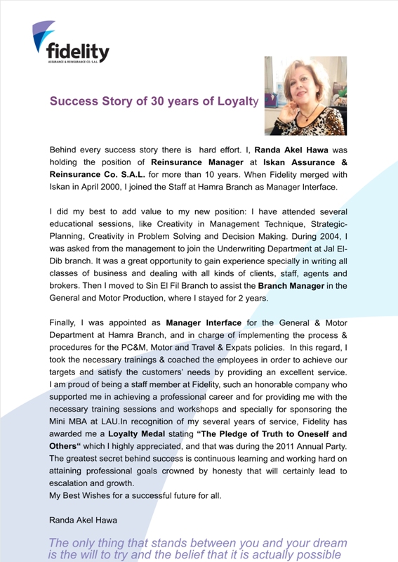 Fidelity Assurance & Reinsurance Co. S.A.L. | Mrs. Randa Hawa's Success ...
